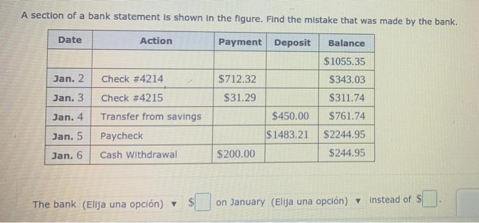 Solved A section of a bank statement is shown in the figure. | Chegg.com