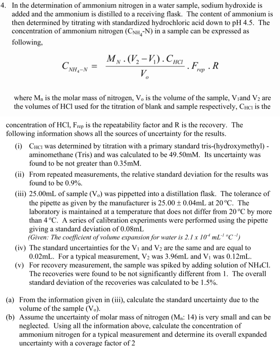 Solved In the determination of ammonium nitrogen in a water | Chegg.com