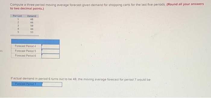 Solved Compute a three-period moving average forecast given | Chegg.com
