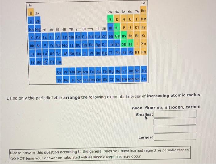 Solved Using only the periodic table arrange the following | Chegg.com
