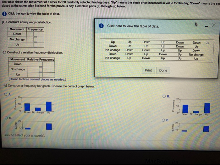 Solved The table shows the movement of a stock for 30 random | Chegg.com