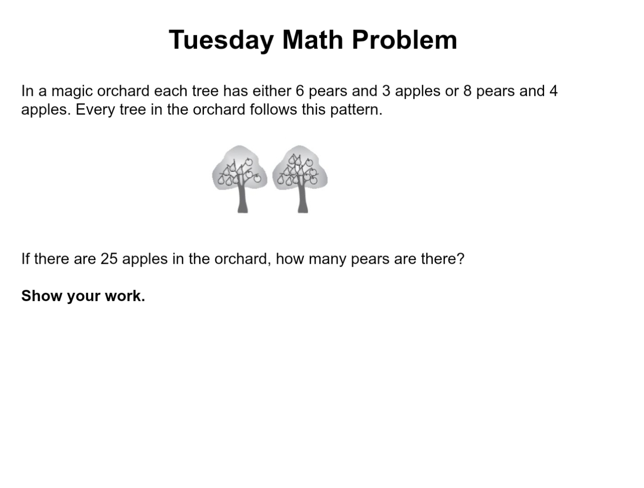 Solved Tuesday Math ProblemIn a magic orchard each tree has | Chegg.com