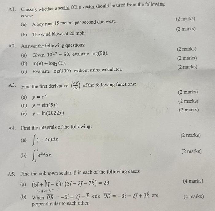 Solved A1. Classify whether a scalar OR a vector should be | Chegg.com