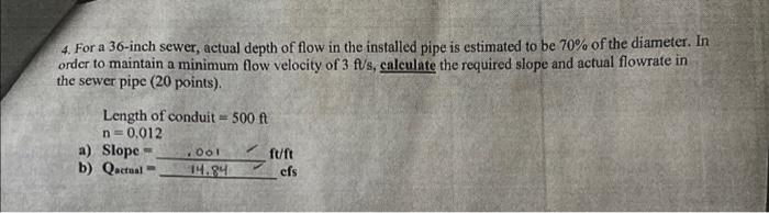 Solved 4. For a 36-inch sewer, actual depth of flow in the | Chegg.com