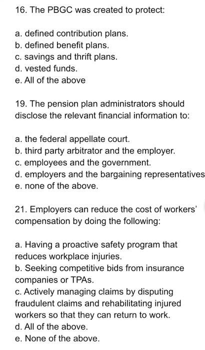 Solved 16. The PBGC was created to protect: a. defined | Chegg.com