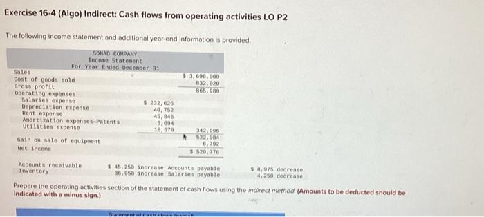 Solved Exercise 16-4 (Algo) Indirect: Cash flows from | Chegg.com