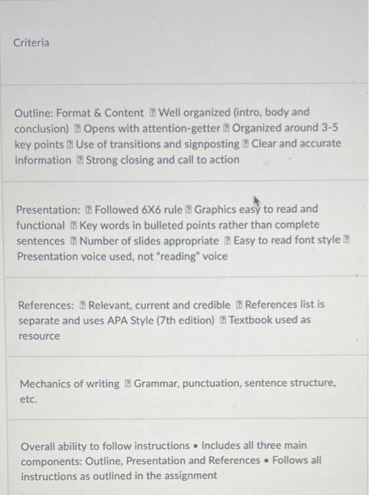 Solved Criteria Outline: Format \& Content \& Well organized | Chegg.com