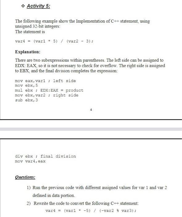 Solved ∴ Activity 5: The following example show the | Chegg.com