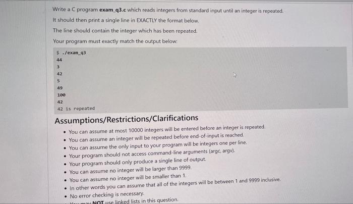 Solved Write a C program exam_q3.c which reads integers from | Chegg.com