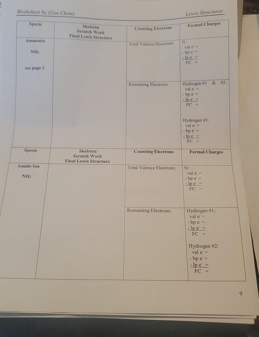 Solved Worksheet 9a (Gen Chem) Lewis Structures Specie | Chegg.com
