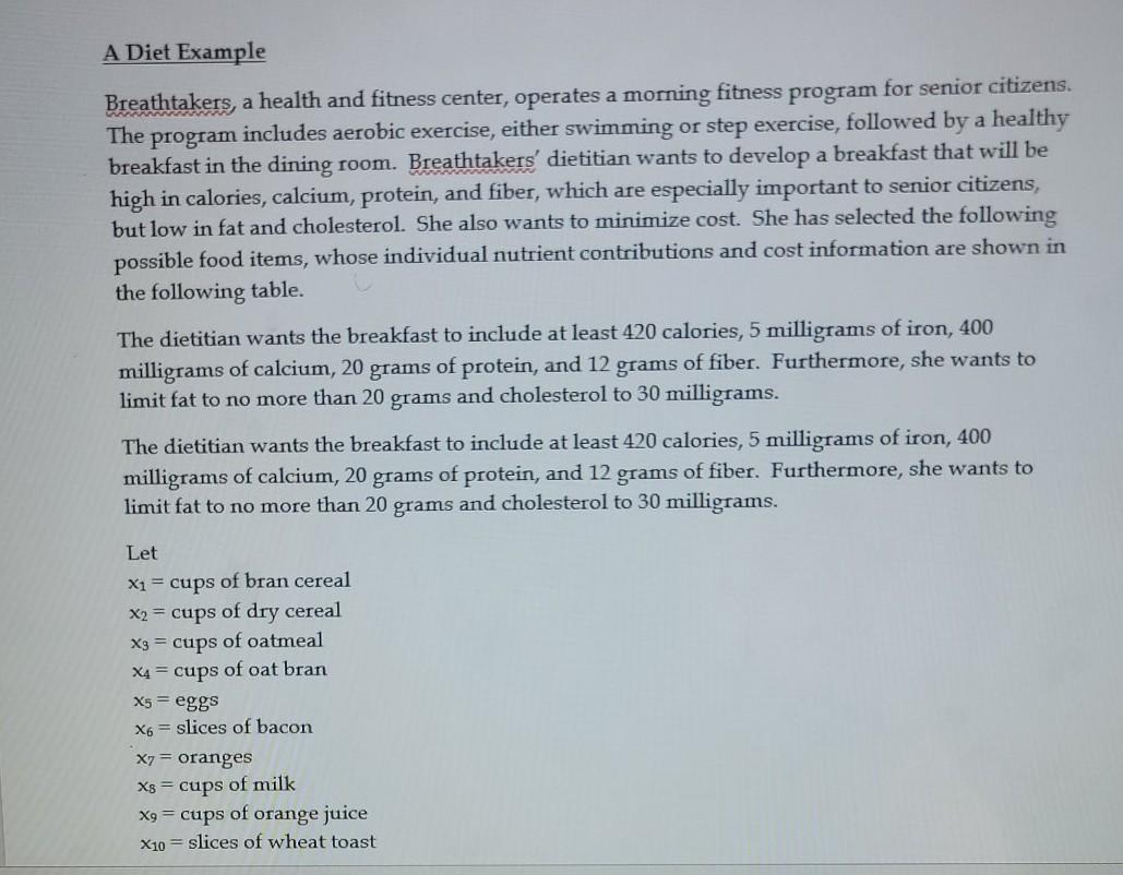 Solved A Diet Example Breathtakers, a health and fitness | Chegg.com