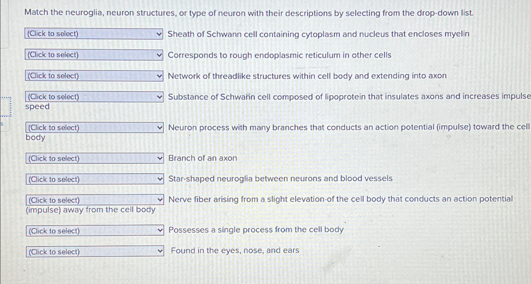 Solved Match the neuroglia, neuron structures, or type of | Chegg.com