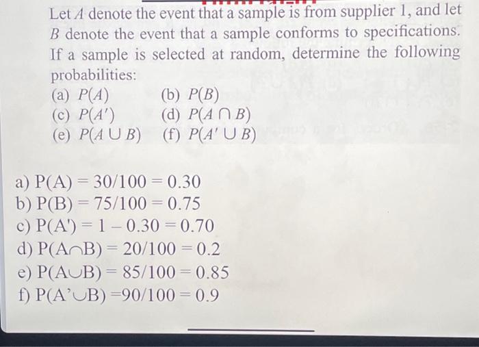 Solved Let A denote the event that a sample is from supplier | Chegg.com