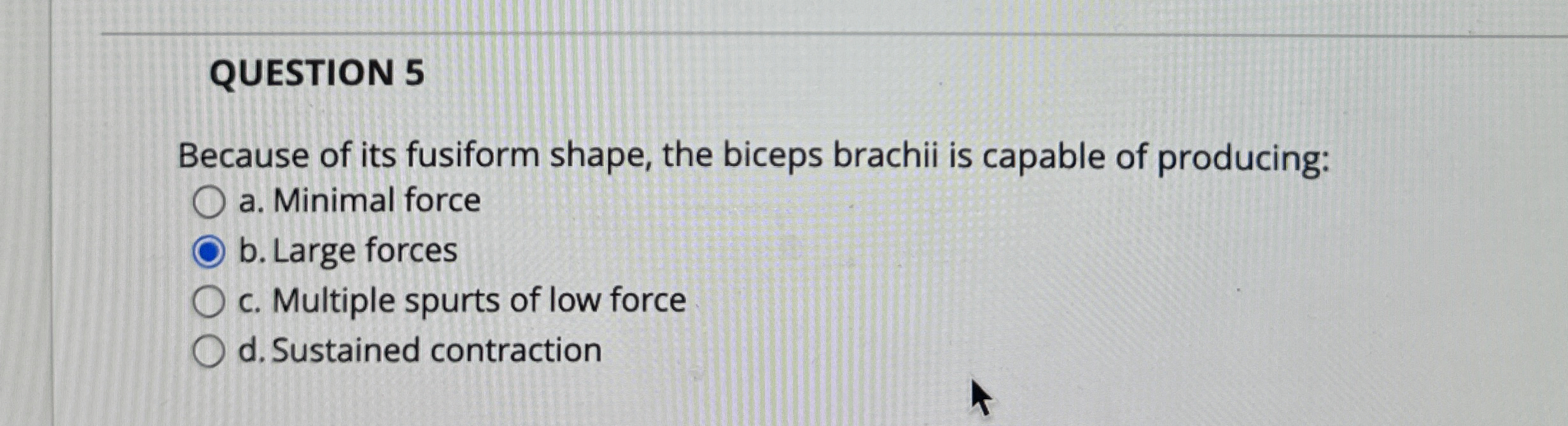Solved QUESTION 5Because of its fusiform shape, the biceps | Chegg.com