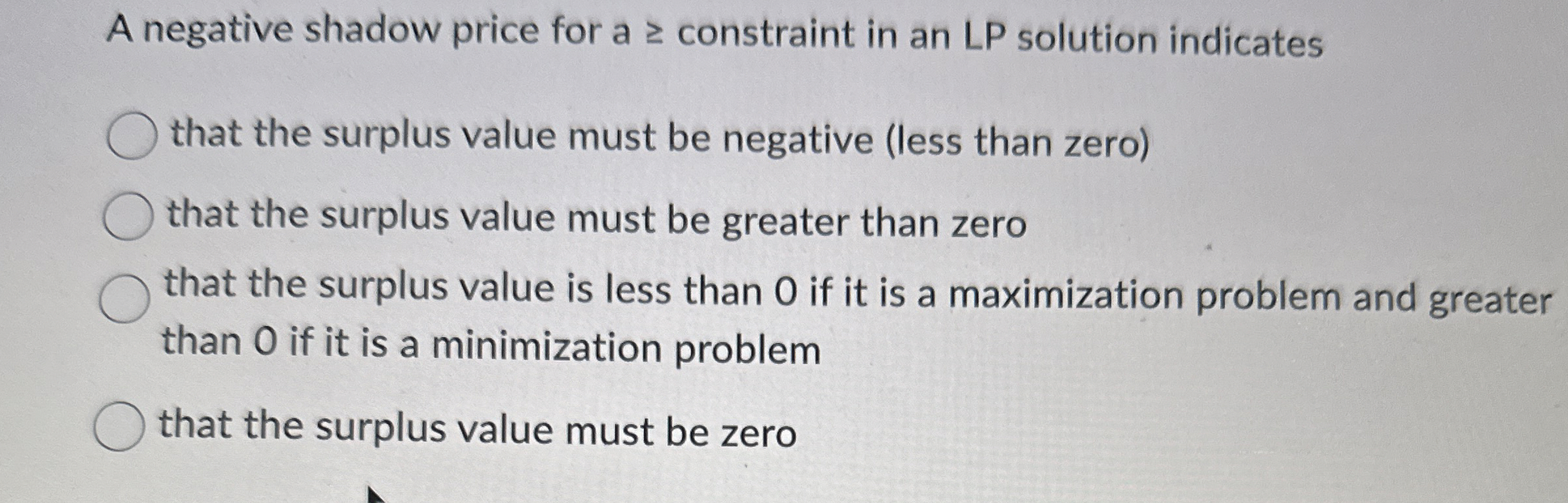 Solved A negative shadow price for a≥ ﻿constraint in an LP | Chegg.com