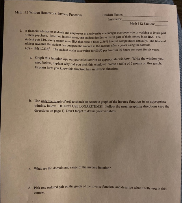 Math 112 Written Homework: Inverse Functions Student | Chegg.com