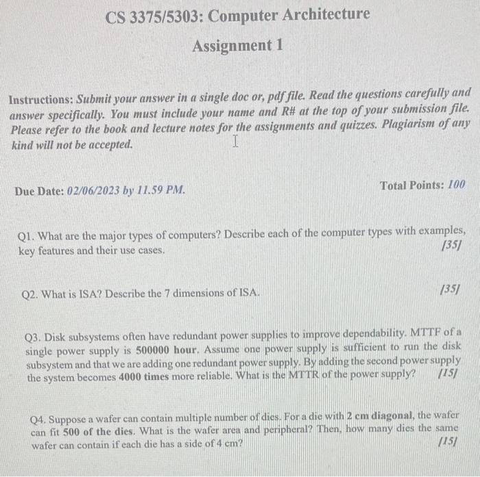 Solved CS 3375/5303: Computer Architecture Assignment 1 | Chegg.com