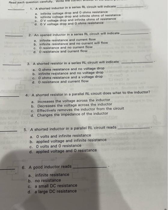 Solved 1. A shorted inductor in a series AL circuit will | Chegg.com