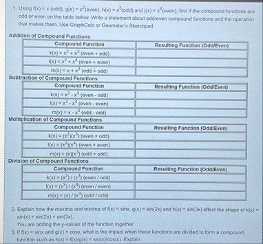 Using f(x)=x(odd),g(x)=x2(even),h(x)=x3(odd) ﻿and | Chegg.com
