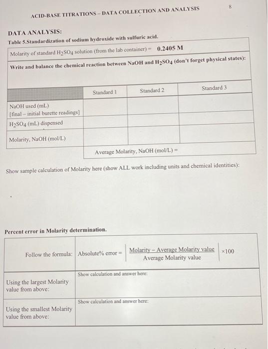 Solved 7 ACID-BASE TITRATIONS - DATA COLLECTION AND ANALYSIS | Chegg.com