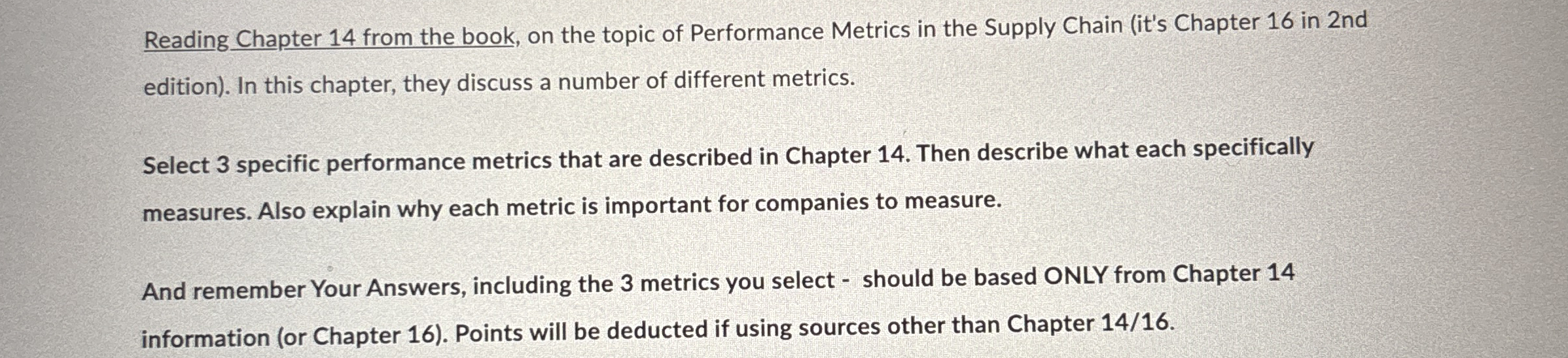 Solved Supply chain metrics . ﻿Reading Chapter 14 ﻿from the | Chegg.com