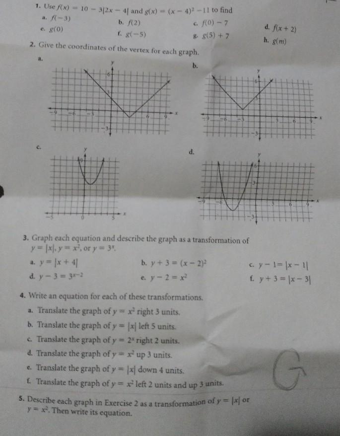 Solved 1. Use f(x)=10−3∣2x−4∣ and g(x)=(x−4)2−11 to find a. | Chegg.com