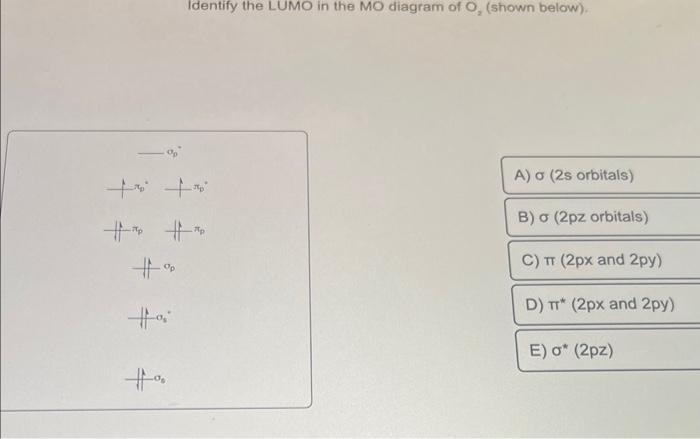 Solved Identify the LUMO in the MO diagram of O2 (shown | Chegg.com