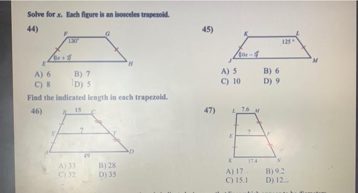 Solved Solve for x. Each figure is an isosceles trapezoid. | Chegg.com