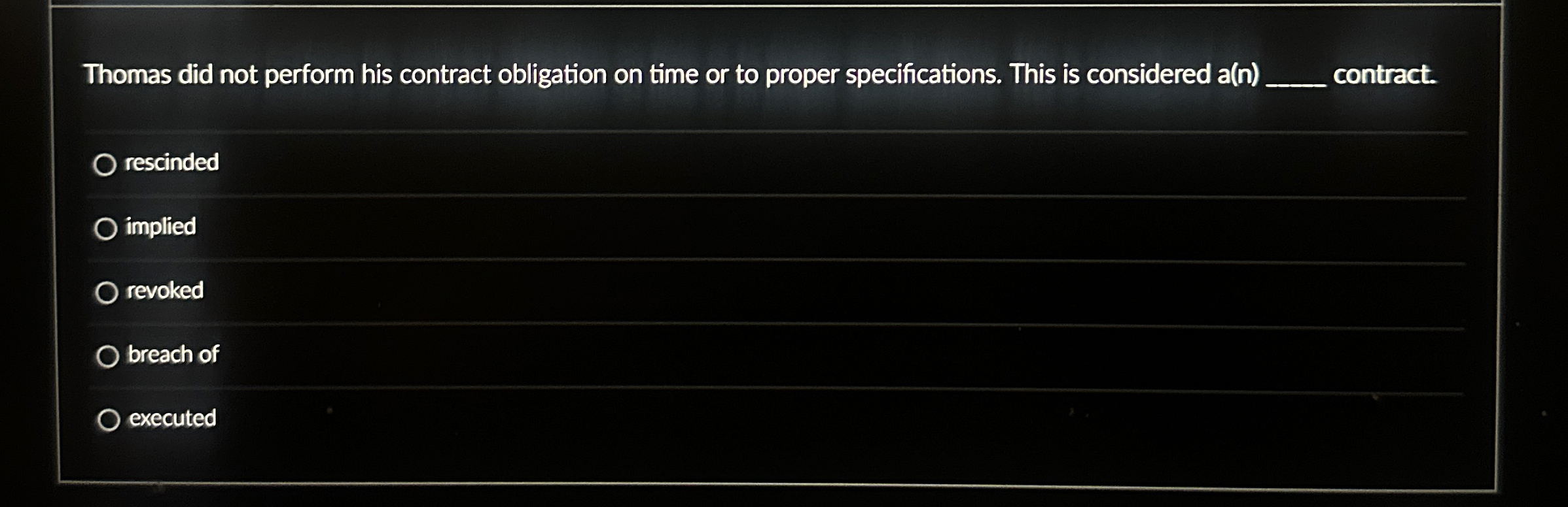 Solved Thomas did not perform his contract obligation on | Chegg.com