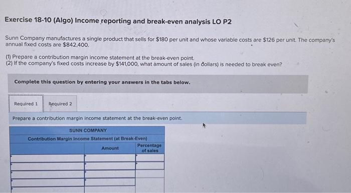Solved Exercise 18-10 (Algo) Income reporting and break-even | Chegg.com