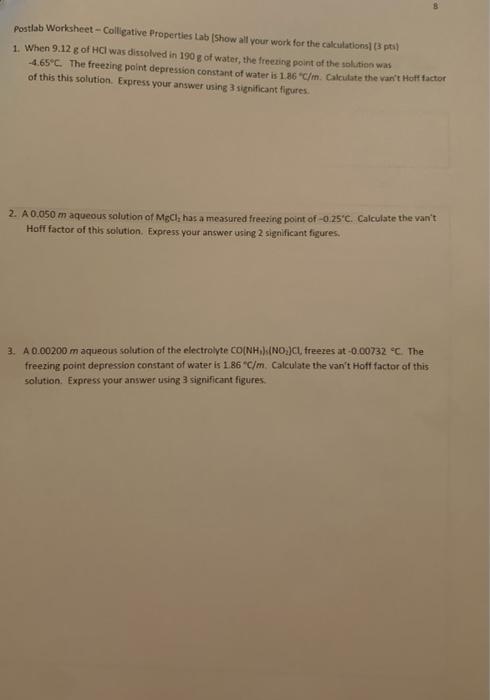 Solved Postlab Worksheet - Colligative Properties Lab (Show | Chegg.com