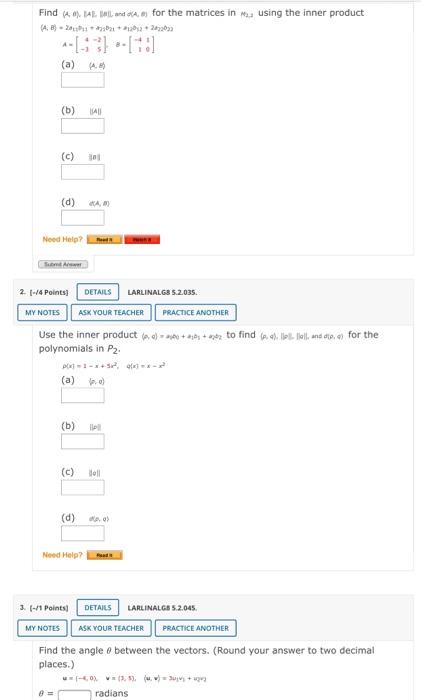 Solved Find A Tall And For The Matrices In Using The Inner