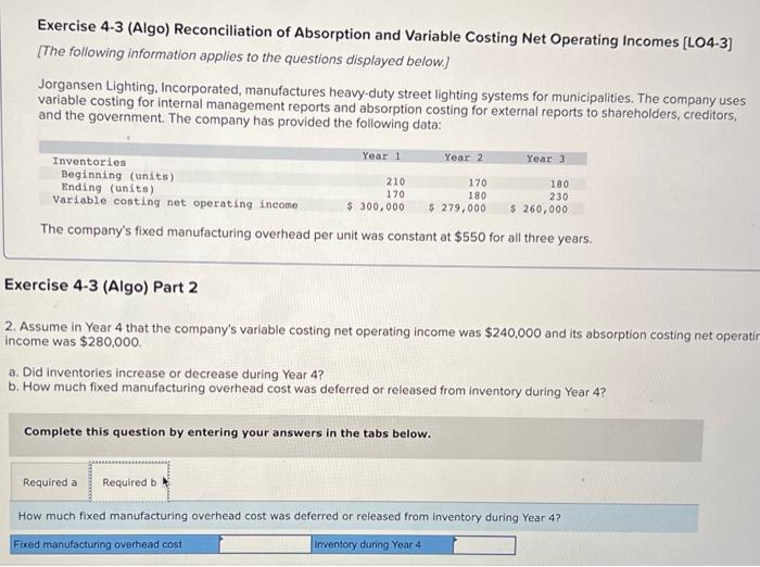 Solved Exercise 4-3 (Algo) Reconciliation of Absorption and | Chegg.com