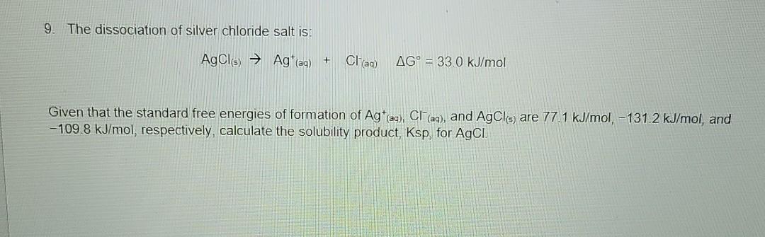 Solved 9. The dissociation of silver chloride salt is: AgCl) | Chegg.com