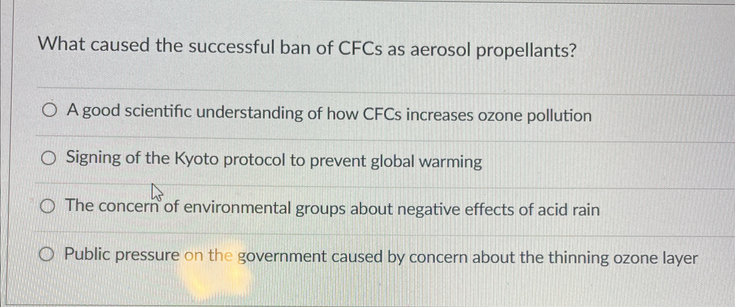 Solved What caused the successful ban of CFCs as aerosol | Chegg.com