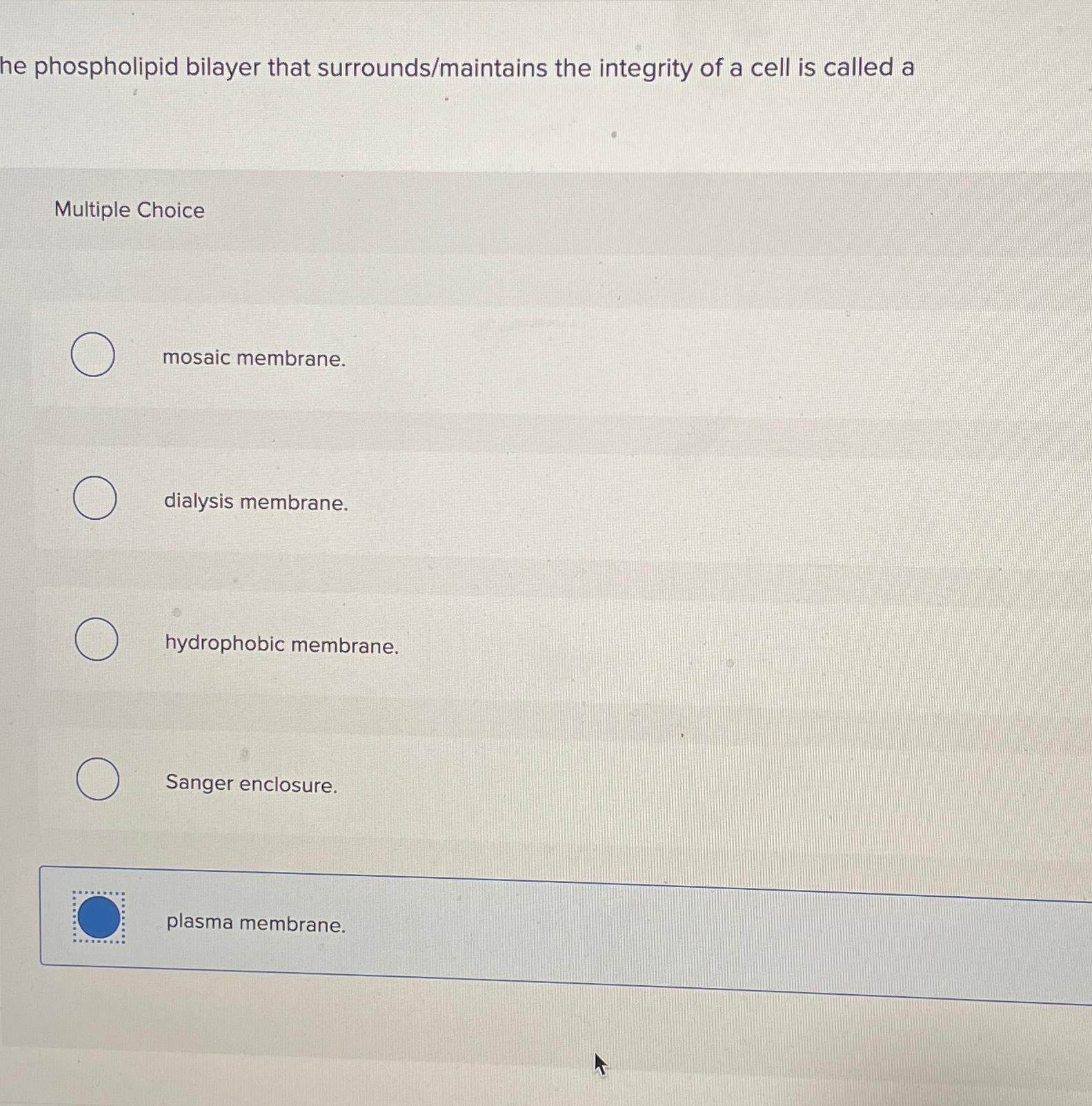 Solved he phospholipid bilayer that surrounds/maintains the | Chegg.com