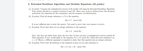 Solved 2. Extended Euclidean Algorithm and Modular Equations | Chegg.com