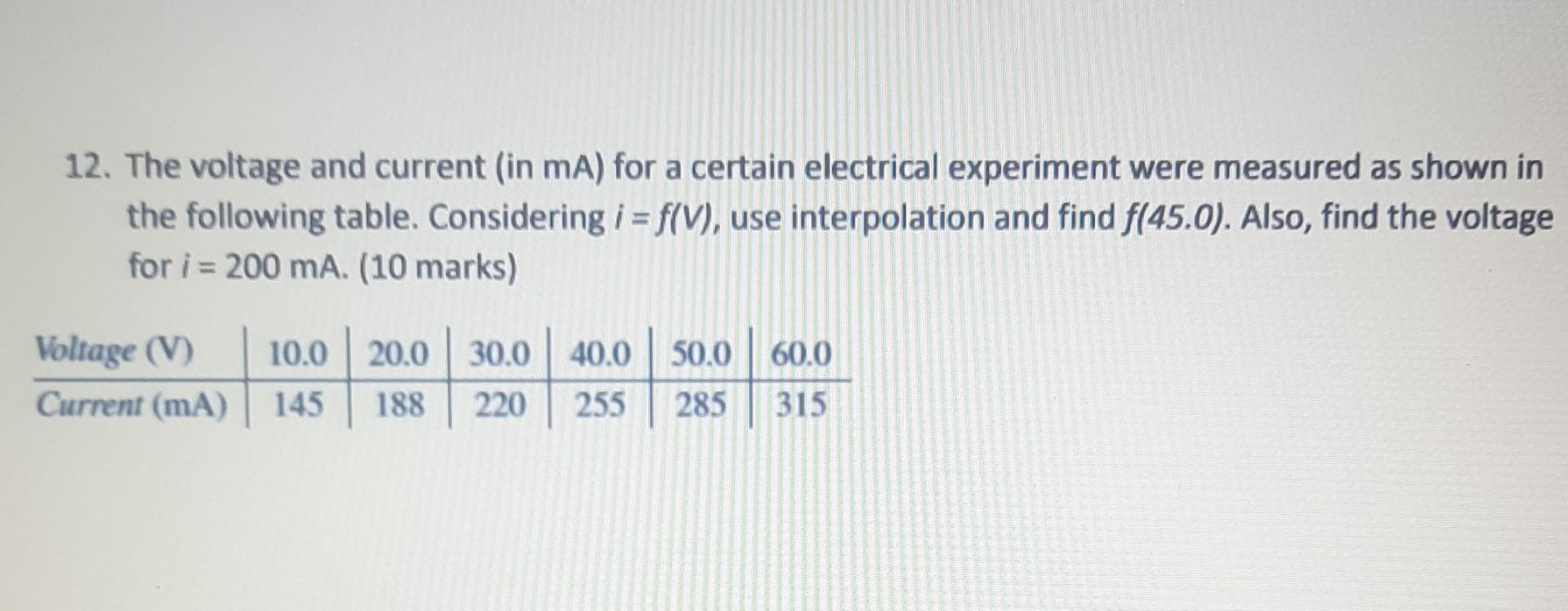 Solved 12. The voltage and current (in mA) for a certain | Chegg.com
