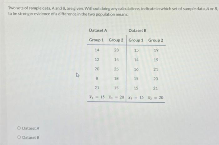 Solved Two sets of sample data, A and B, are given. Without | Chegg.com