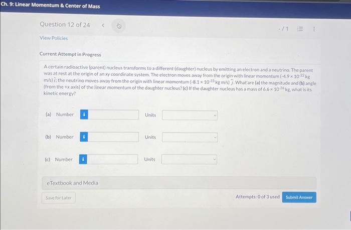 Solved Ch. 9: Linear Momentum & Center of Mass Question 12 | Chegg.com