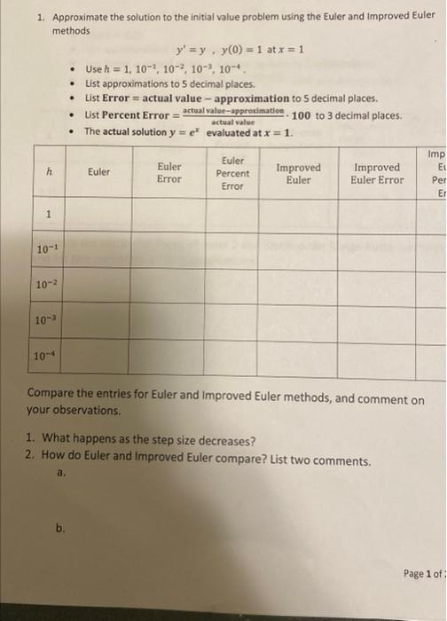 1. Approximate the solution to the initial value | Chegg.com