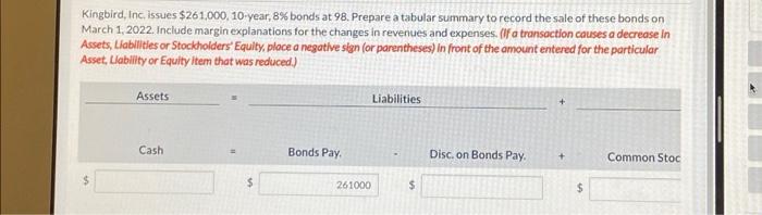 Solved Kingbird, Inc. issues $261,000, 10-year, 8% bonds at | Chegg.com