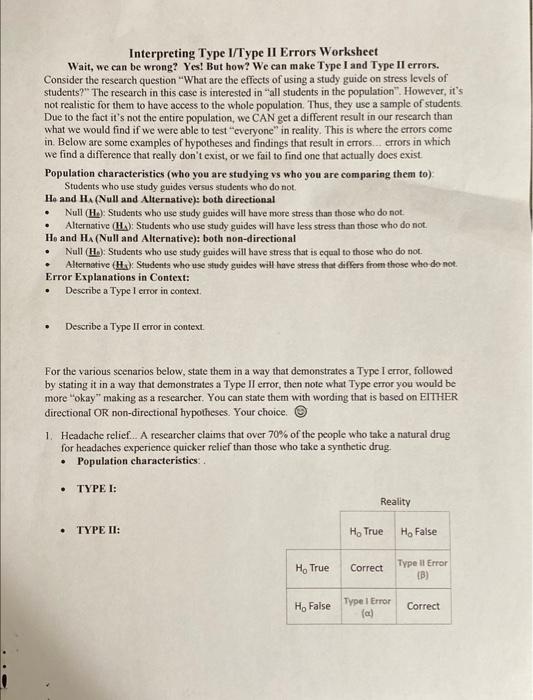 Solved Interpreting Type I/Type II Errors Worksheet Wait, we | Chegg.com