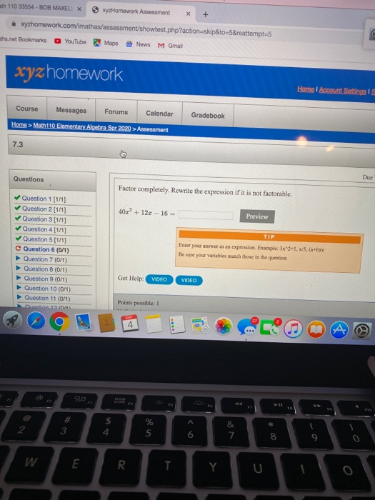 Solved 1033554 - BOB MAXELL X xyzHomework Assessment X + | Chegg.com