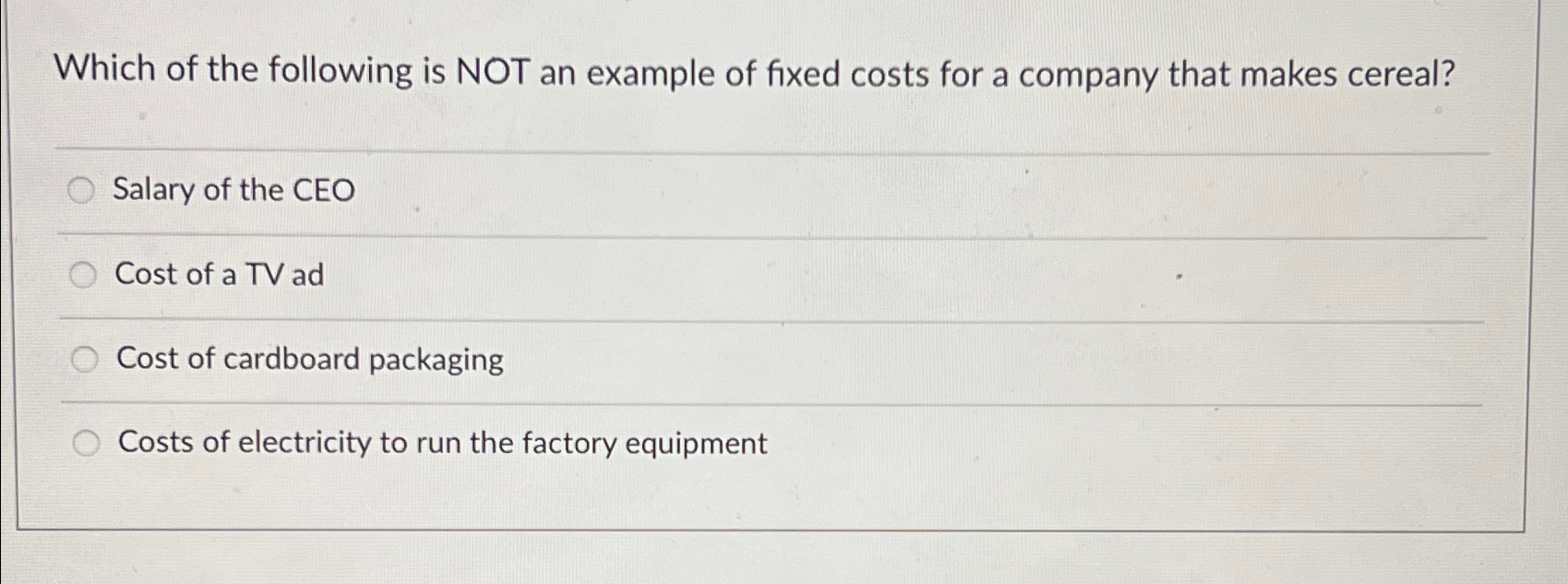 Solved Which of the following is NOT an example of fixed | Chegg.com