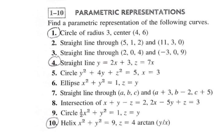 Solved 1-10 PARAMETRIC REPRESENTATIONS Find a parametric | Chegg.com