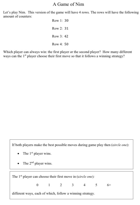 Solved A Game of Nim Let's play Nim. This version of the | Chegg.com
