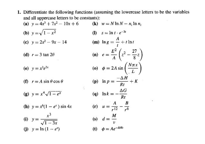 Solved 1. Differentiate the following functions (assuming | Chegg.com