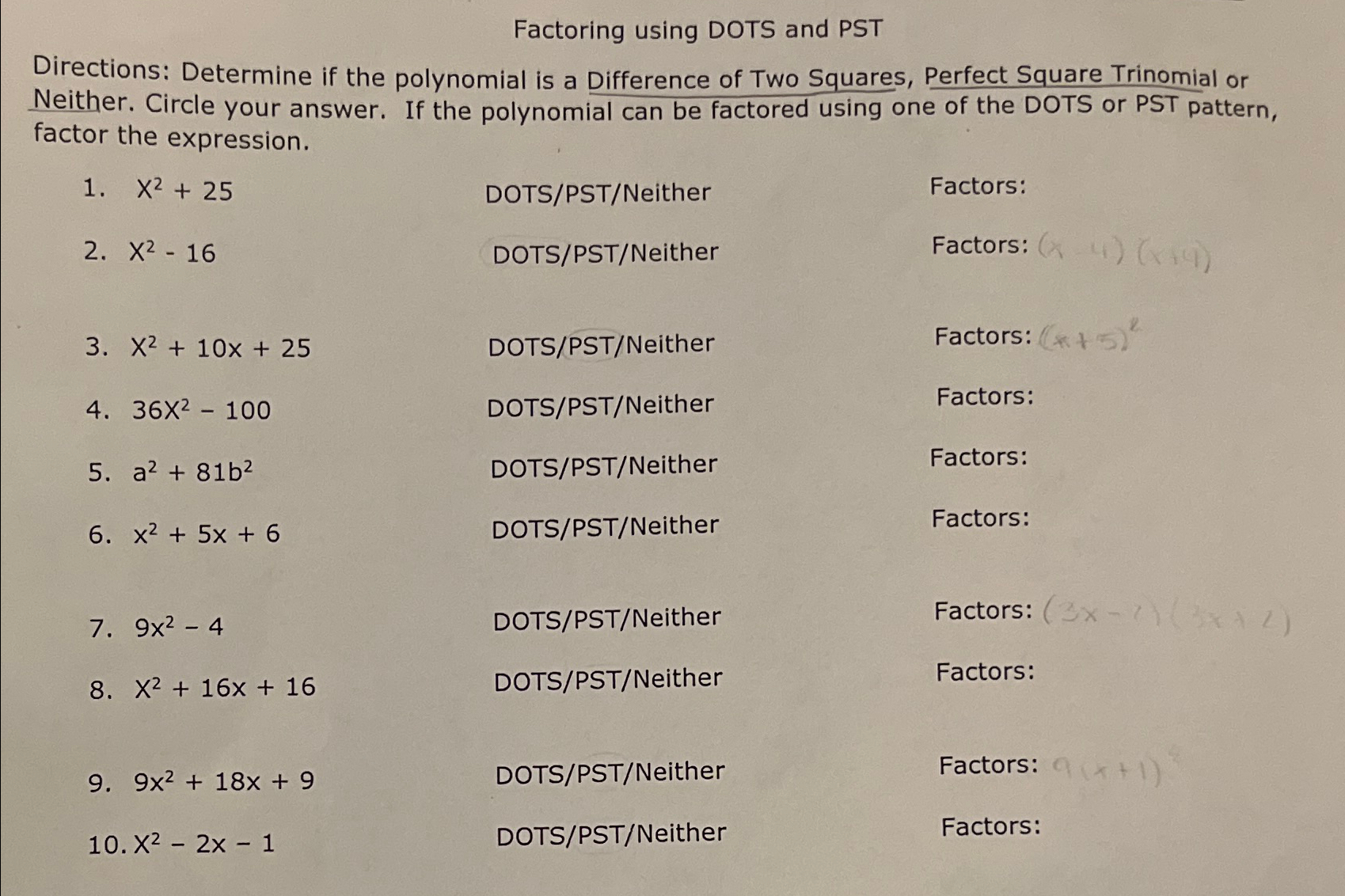 Solved Factoring using DOTS and PSTDirections: Determine if | Chegg.com