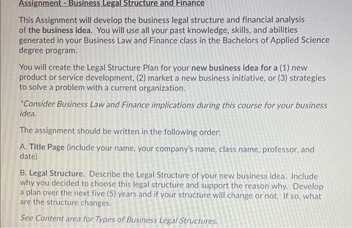 Solved Assignment - Business Legal Structure and Finance | Chegg.com